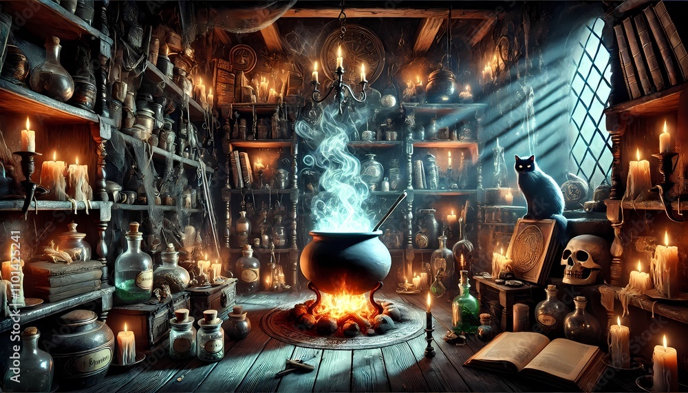 Witch's Lair: "An old witch's lair with a bubbling cauldron, shelves ...