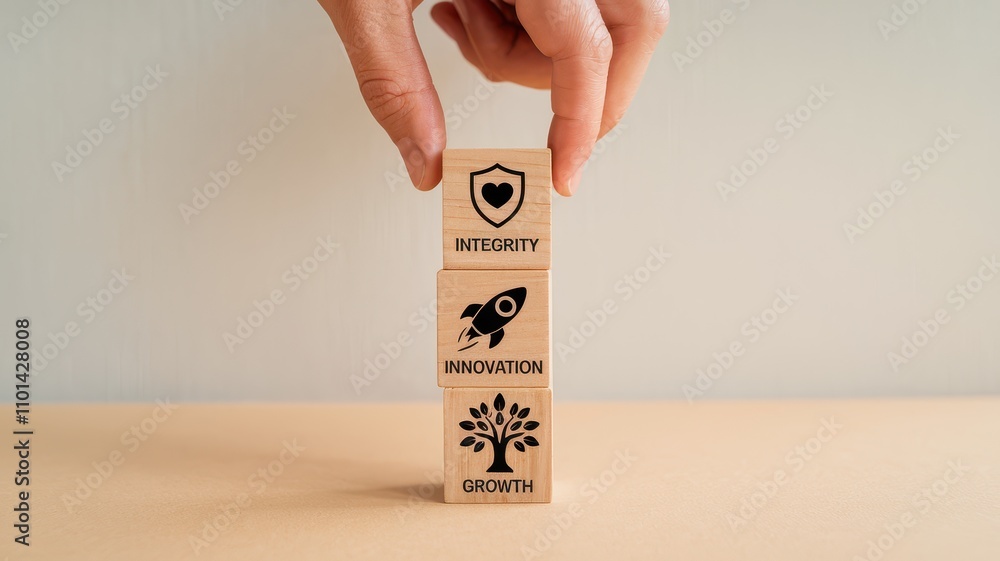 Integrity, Innovation, Growth Concept , Wooden blocks stacked and ...