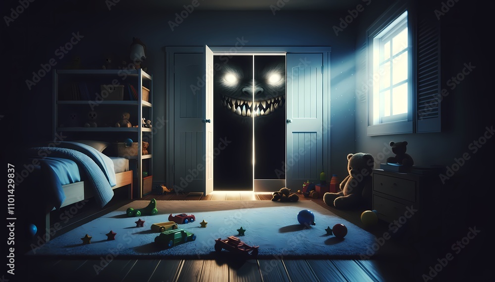 Monster in the Closet. A child's bedroom at night with the closet door ...