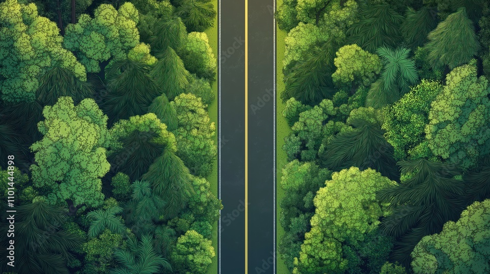 Forest road view. Green forest road stretches through vibrant green eco ...