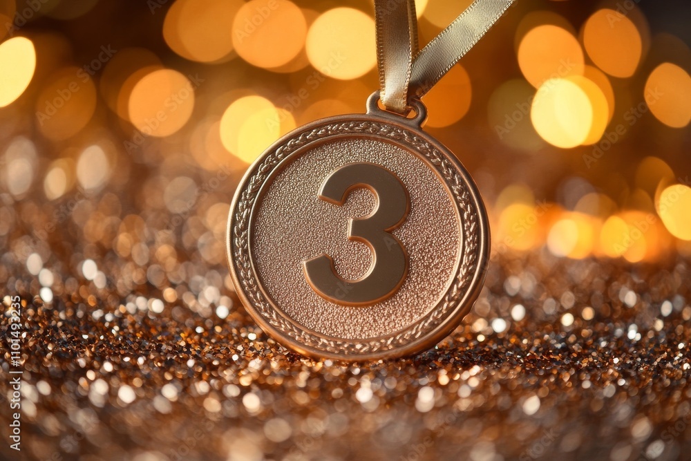 Medal on a ribbon for third place on a gold background with confetti ...
