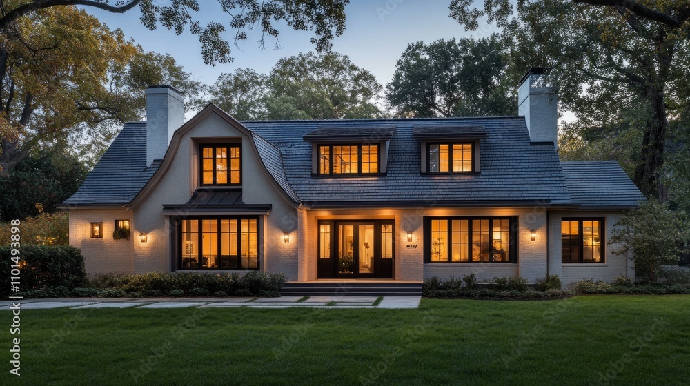 Front-facing view of a house with dormer windows on its sloped roof ...