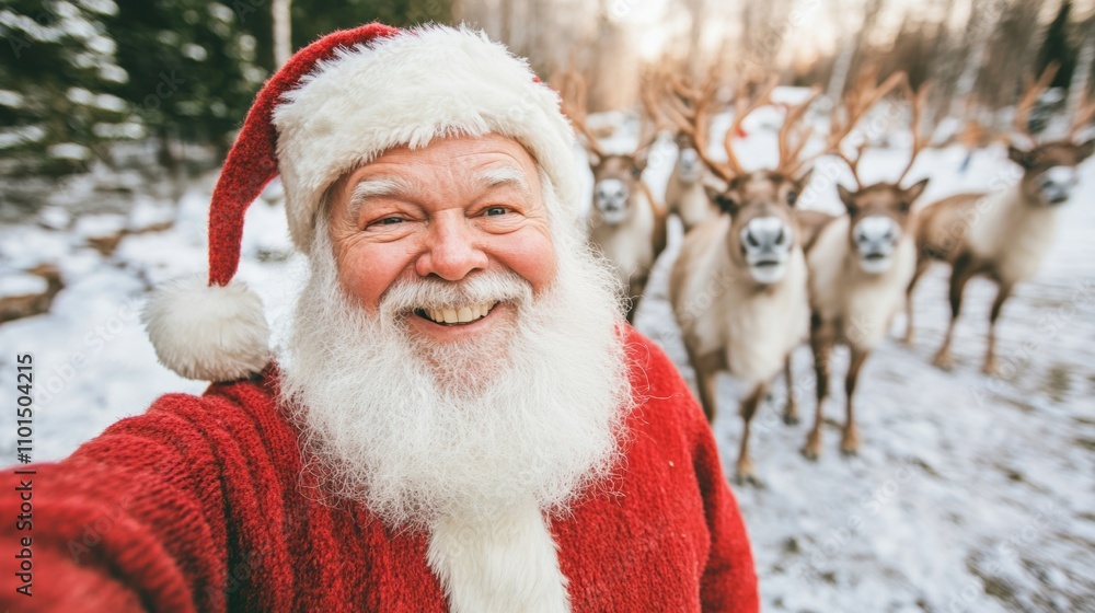 Santa Claus happily captures a selfie with his reindeer in a winter ...