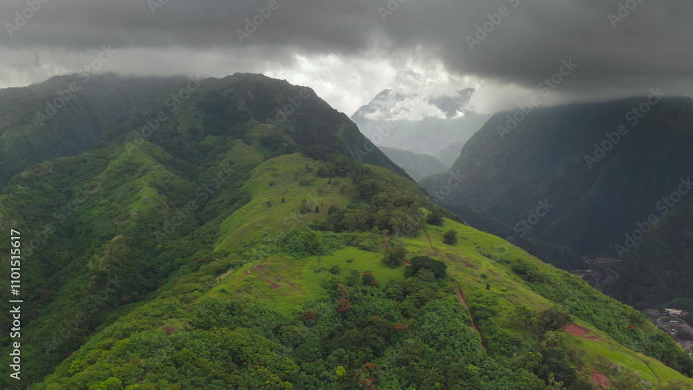 Aerial view captures breathtaking beauty of Tahiti's landscape, lush ...