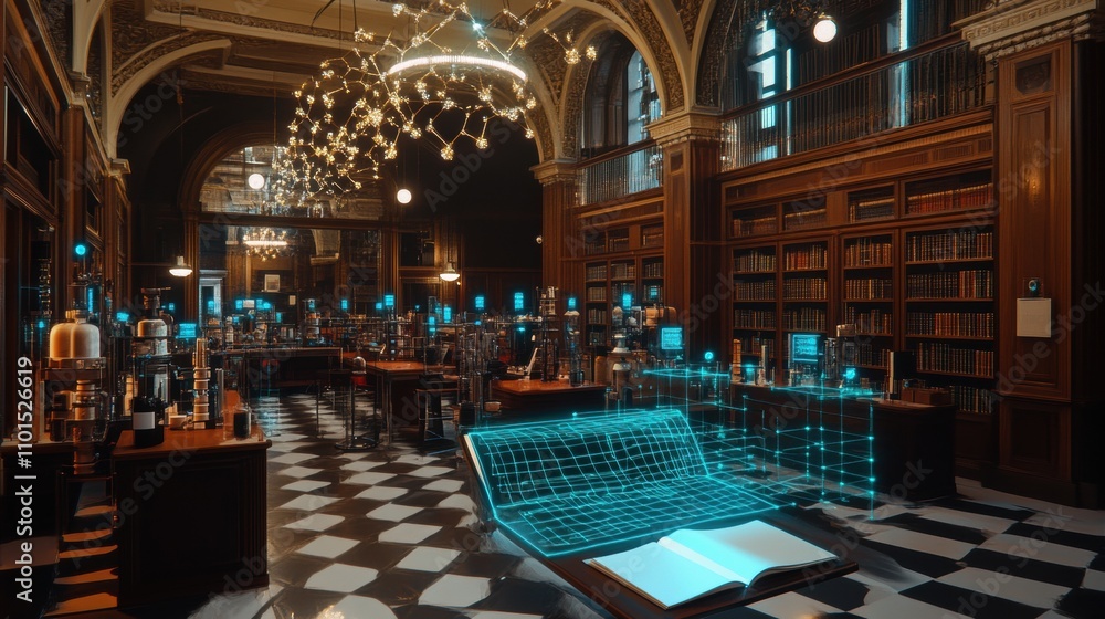 Futuristic Library Interior with Digital Elements and Floating Book ...