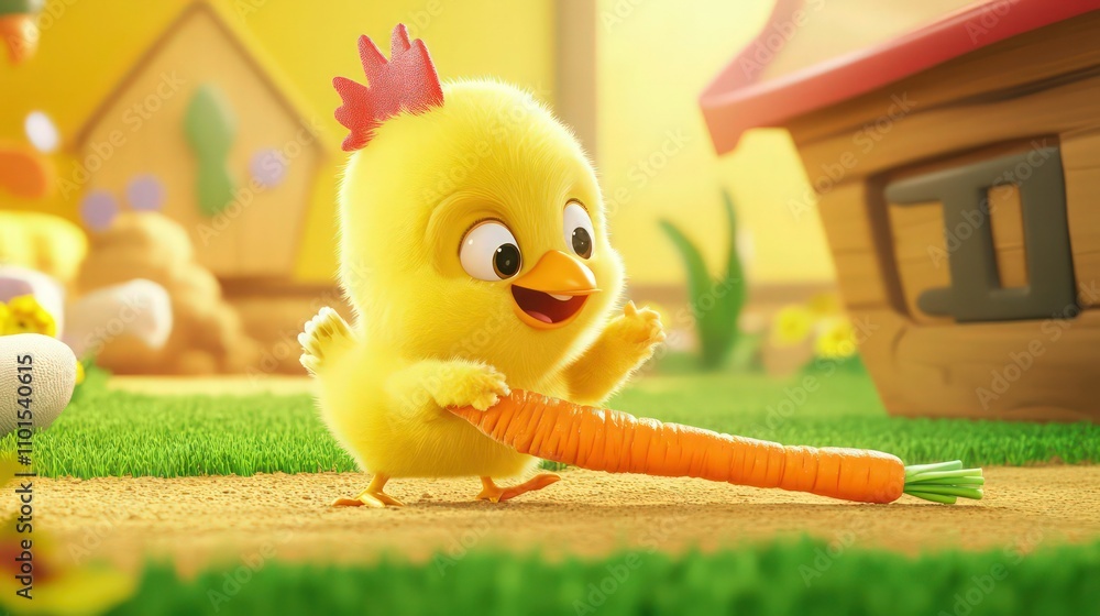 A cartoon chicken nugget character, playfully pecking at a carrot until ...