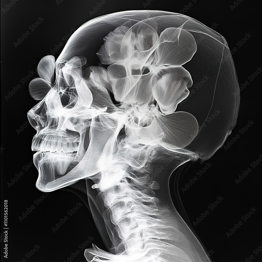 An X-ray image displaying the side profile of a human skull and neck ...