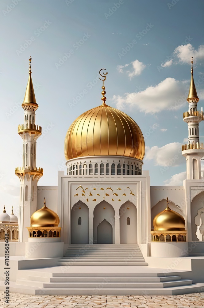 Realistic Islamic product display podium with mosque gate and golden ...