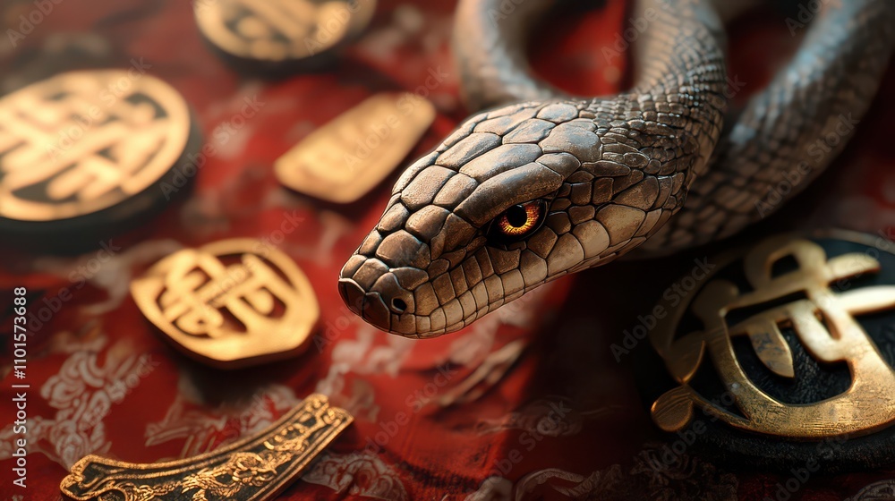 Symbolic snake intertwined with traditional Chinese lucky symbols ...