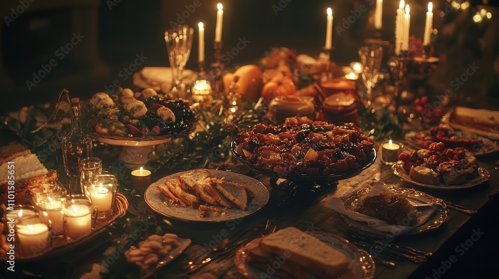 A 4K photo of a lavish dinner table set with an assortment of foods and ...