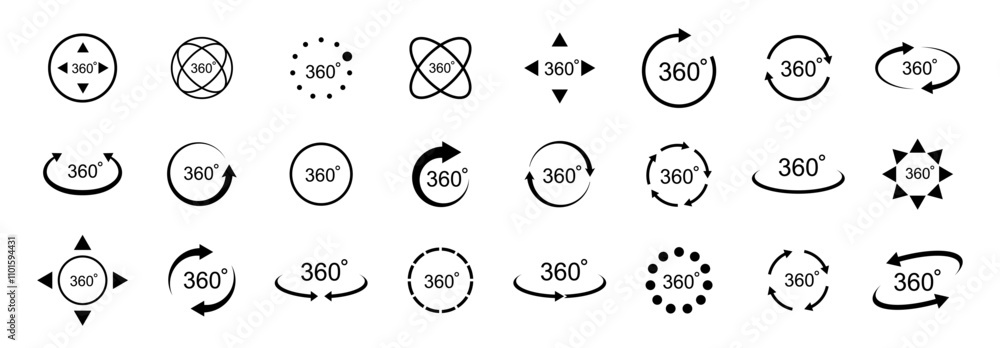 360 degree views. Circle icons set. Rotate symbol. Signs with arrows to ...