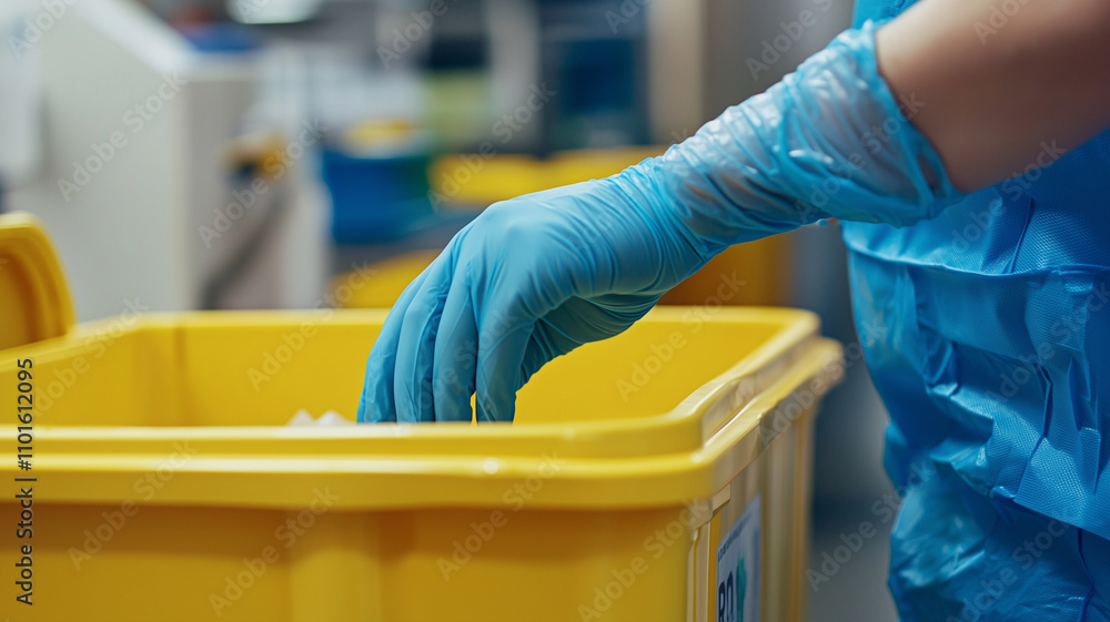 gloved hand is placing waste into yellow bin, emphasizing hygiene and ...