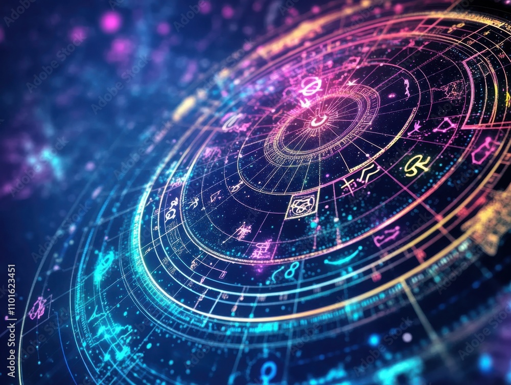 Colorful cosmic natal chart with zodiac signs, planetary positions, and ...