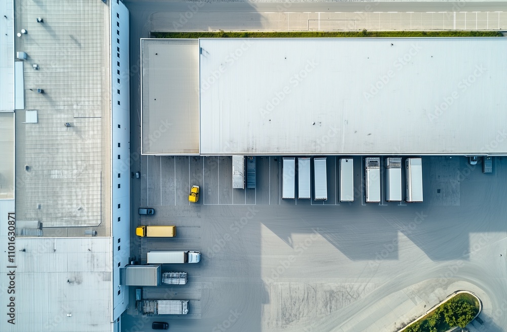 Aerial view of an industrial warehouse with a truck loading dock ...