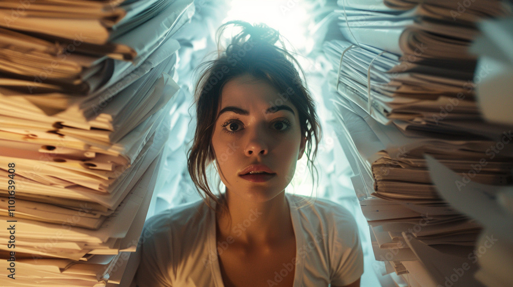 Overwhelmed student woman exhausted around chaotic and disorganized ...