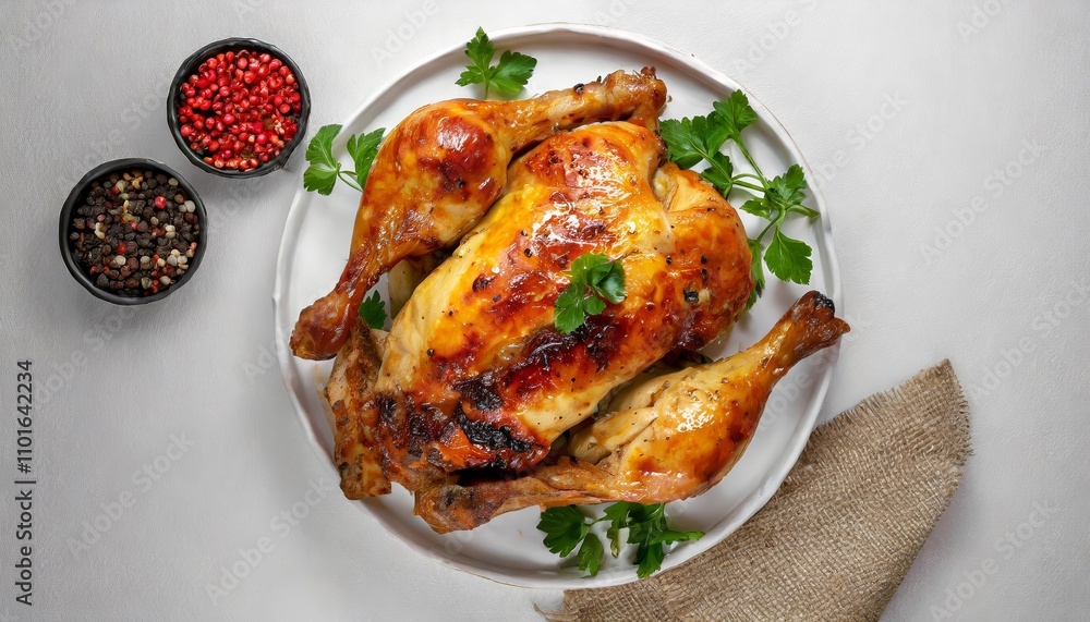 Deliciously golden roasted chicken photographed from a top-down ...