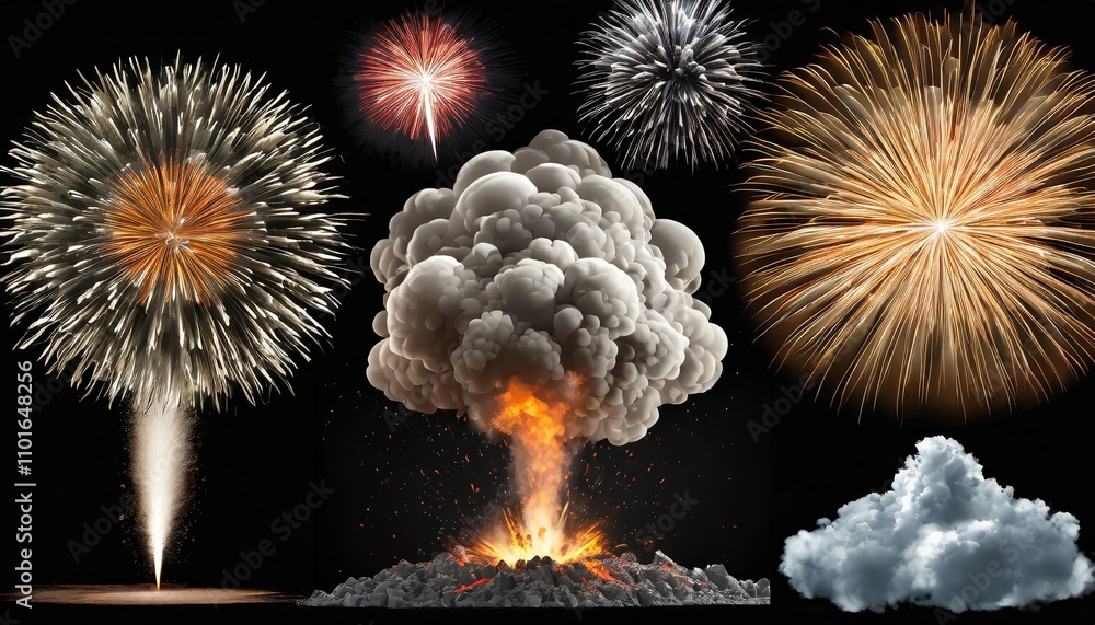 Set of explosions with dynamic fire and smoke effects isolated on a ...