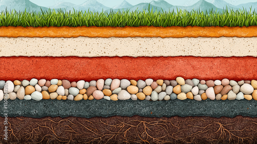 Layered ground cross section with grass, soil, and rocks Stock ...