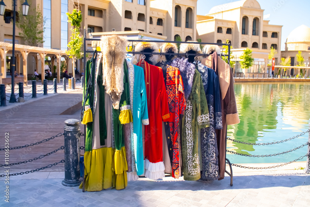 Kazakh national clothes for a tourist photo shoot. Traditional national ...