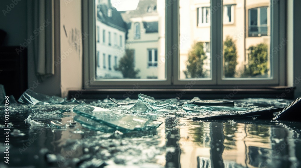 Broken glass scattered on floor by a large window in abandoned room ...