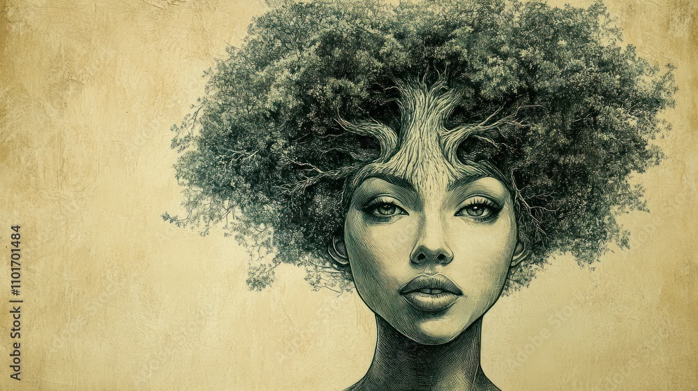 A surreal portrait of a woman whose head transforms into a tree with ...