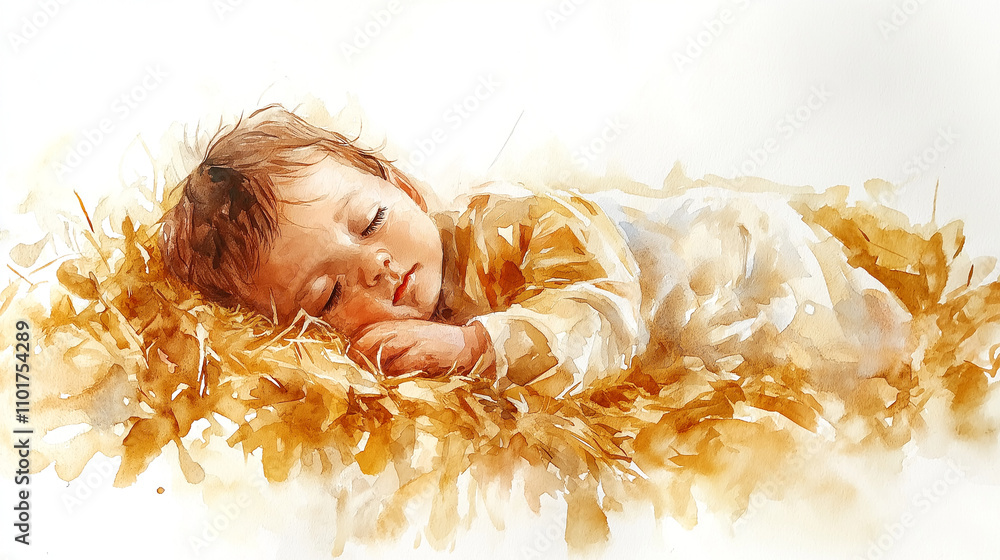 Watercolor illustration of the Christ child in a manger. The birth of ...