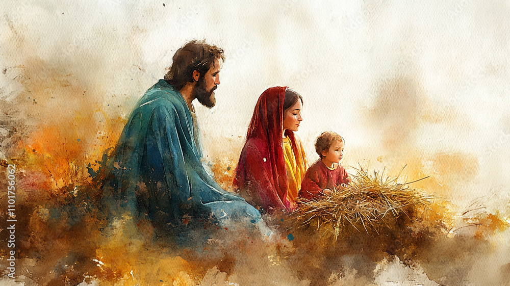 Watercolor illustration of the Christ child in a manger. The birth of ...