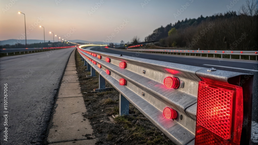 Red Reflective Catadioptrics Illuminate Guardrails on a Winding Road at ...