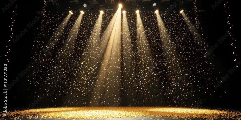 Golden confetti falling on festive stage with light beam in empty room ...