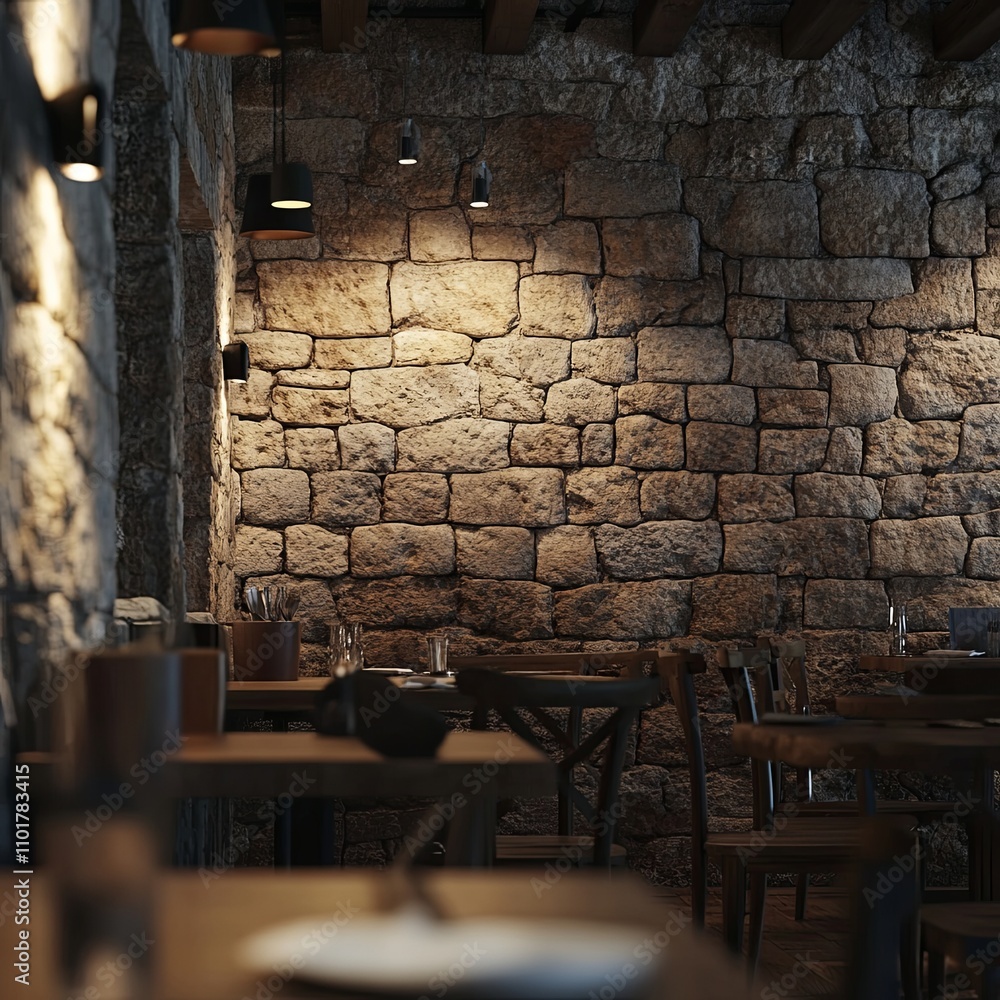 European-feeling stone interiors on the walls of the restaurant ...