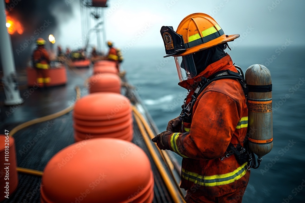 Heroic firefighters in specialized personal protective equipment PPE ...