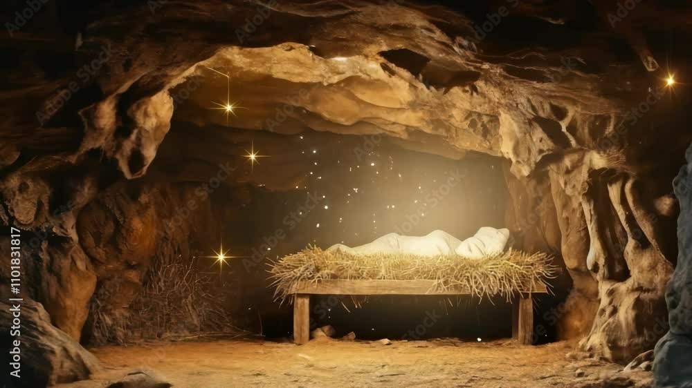 Christian Christmas scene with empty wooden manger, star of Bethlehem ...
