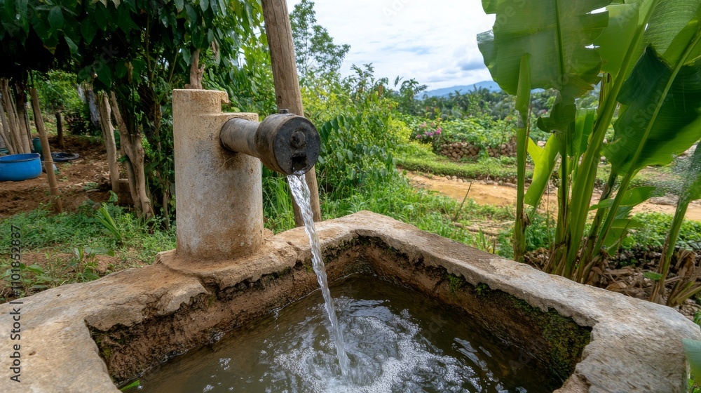 Clean water flows from borehole pump, surrounded by lush agricultural ...