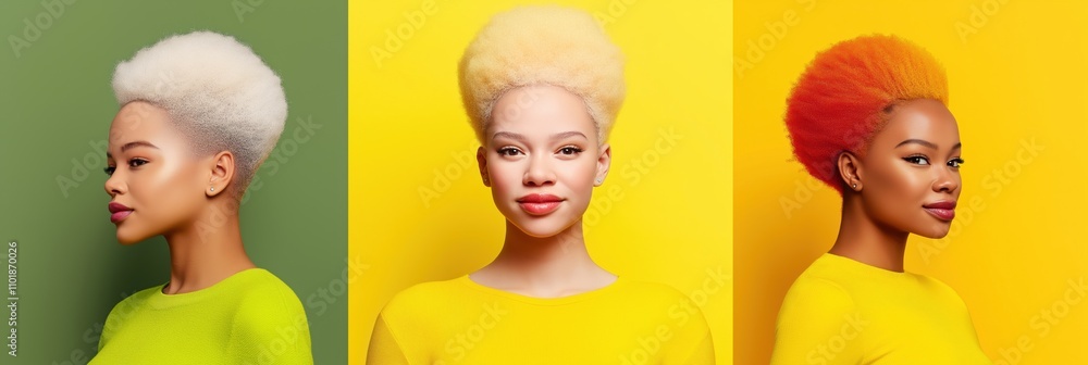 Three women with different colored hair are standing in front of a ...