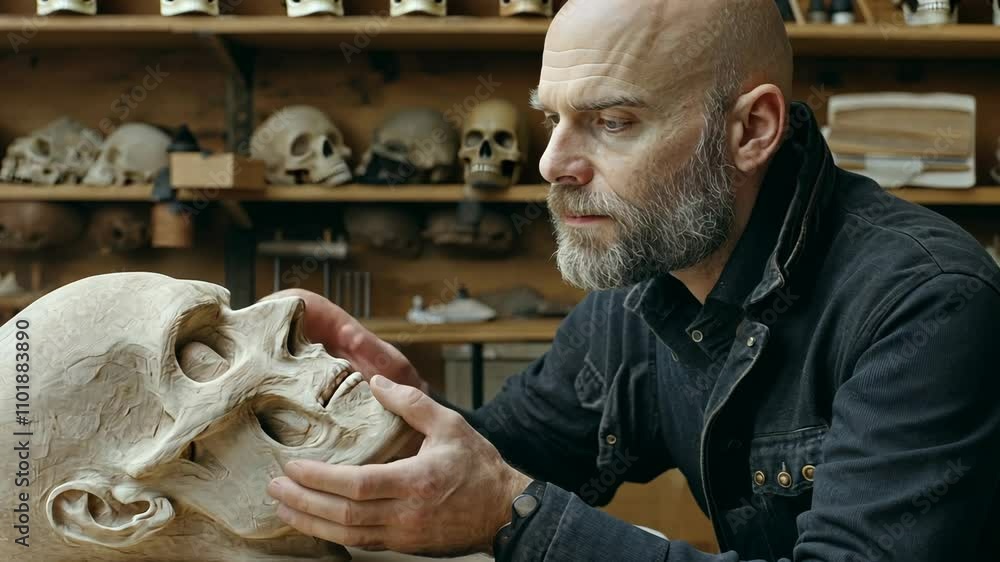 Sculptor carefully examines a lifelike skull model in a workshop filled ...
