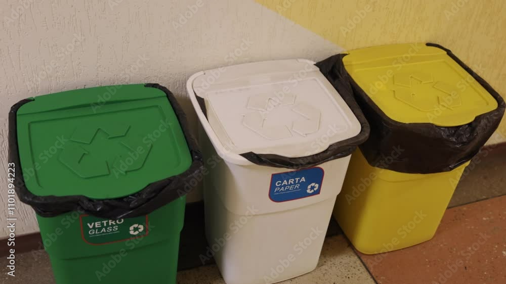Garbage bin, environment care, recycling organization. Color-coded bins ...
