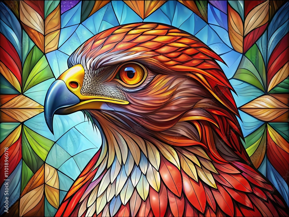 Stained Glass Style Illustration of a Majestic Red Hawk with Vibrant ...