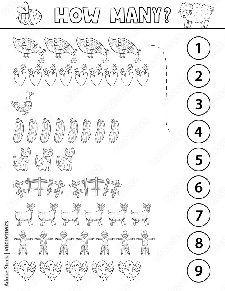 Count and match black and white activity page for kids with cute farm ...