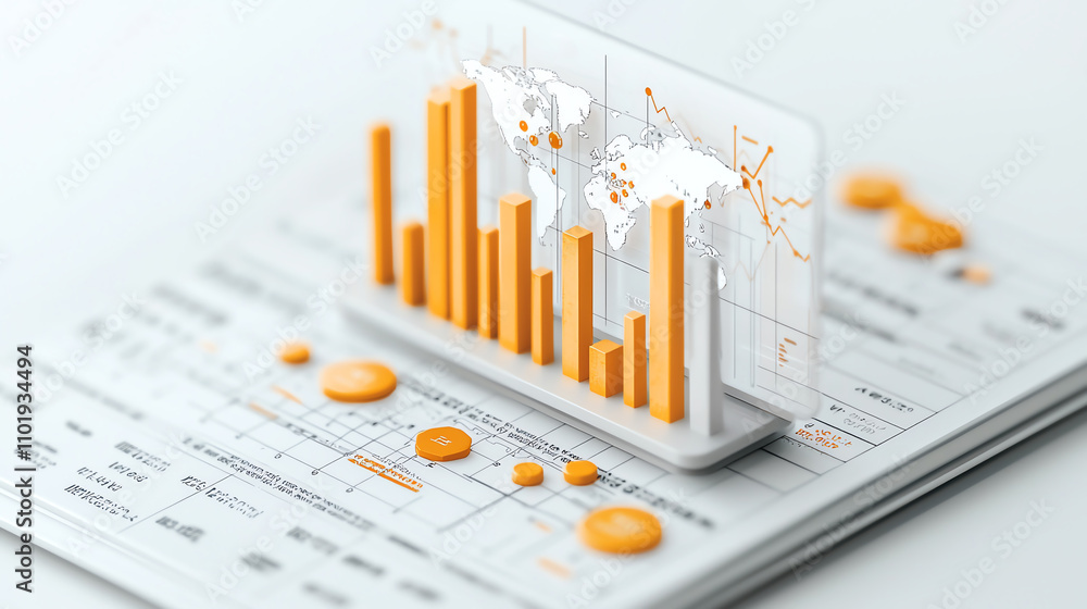 3D bar graph with world map overlay illustrates global trade data ...