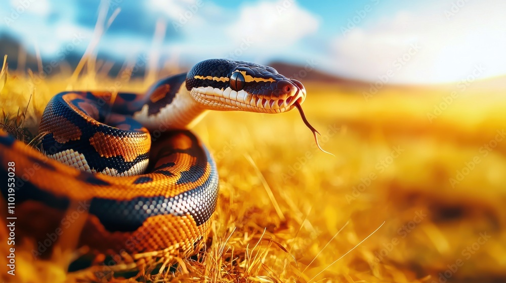 animals reptiles migration Concept. A close-up of a colorful snake in a ...