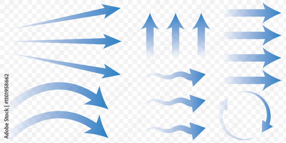 Set of blue arrow showing wind air flow isolated on white background ...