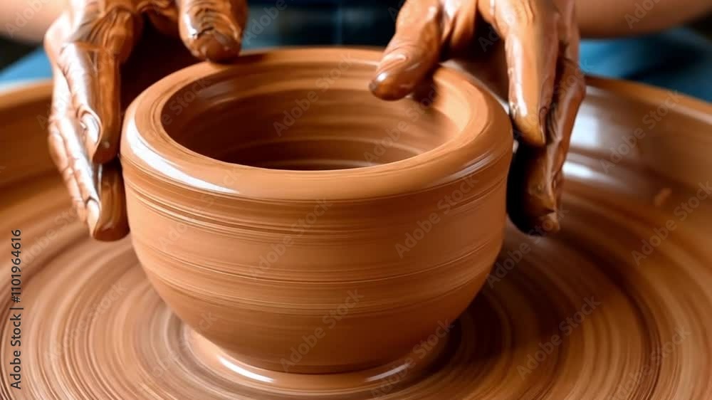 Artistic hands shaping pottery on a spinning wheel with precision and ...