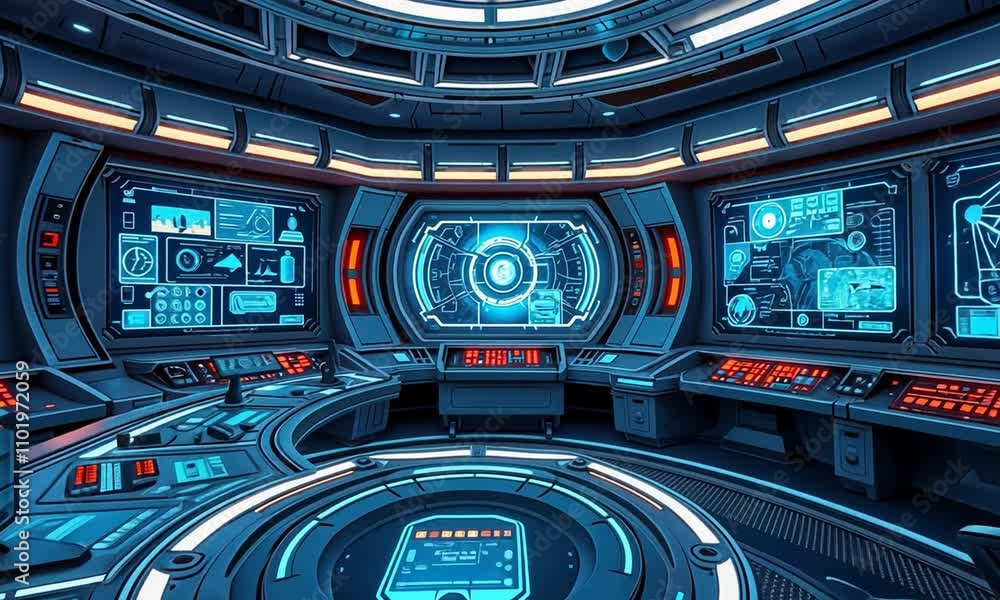 Futuristic Spaceship Bridge Control Room: Immersive 3D Render of a Sci-Fi Cockpit Stock Video ...