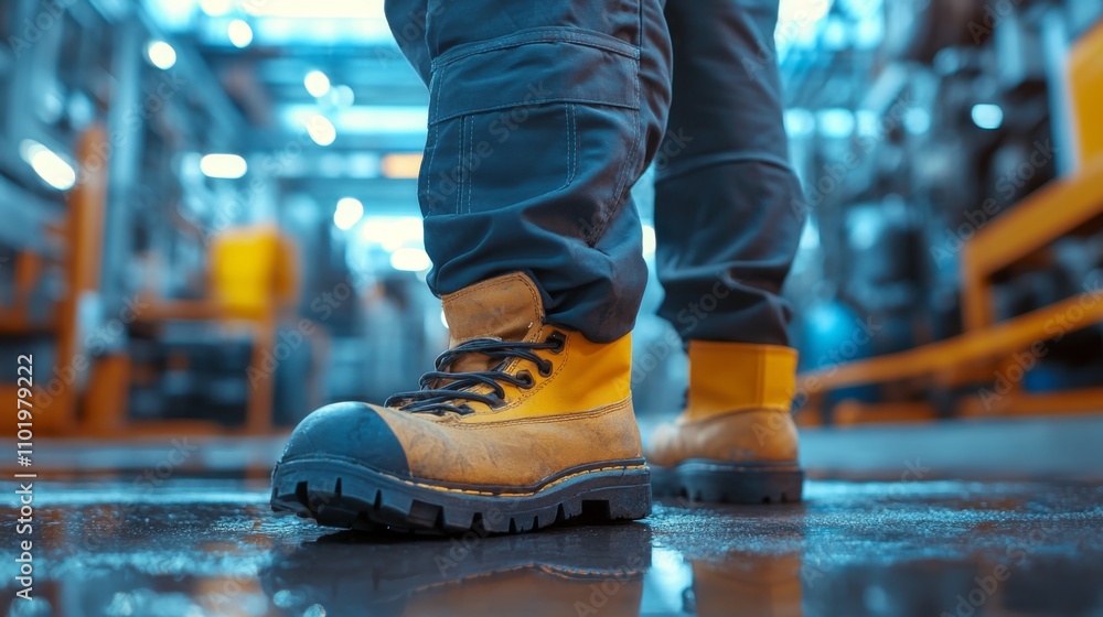 Close-up photos of Factory workers wearing safety shoes and working ...