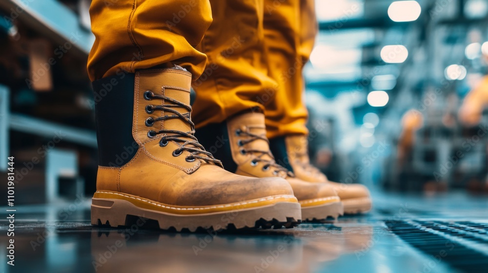 Close-up photos of Factory workers wearing safety shoes and working ...