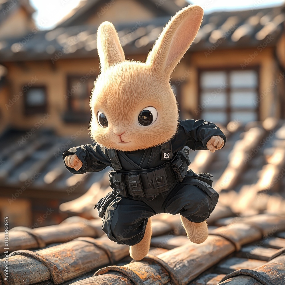 Ninja Bunny: A cute and fluffy bunny in a black ninja suit leaps ...