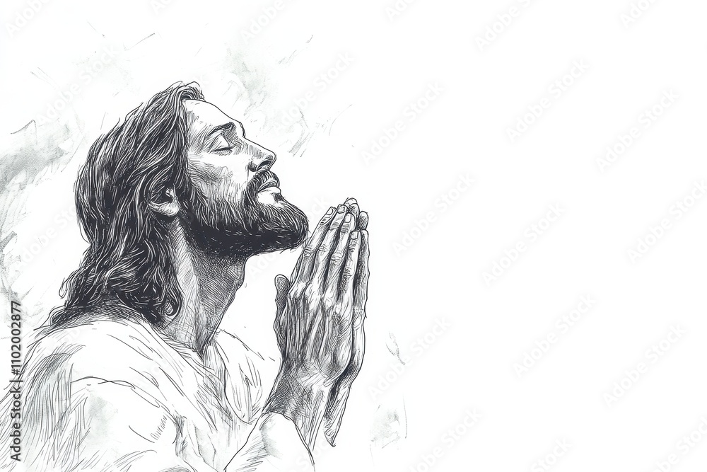 Detailed Pen Illustration of Jesus Christ in a Contemplative Prayer ...