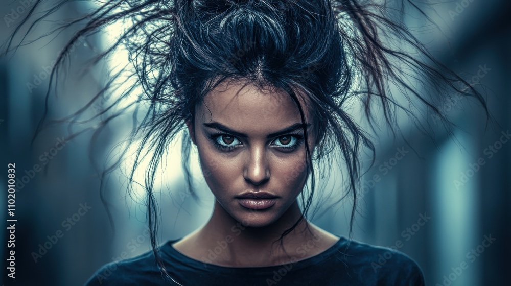 Dynamic portrait of a woman with unique hairstyle urban setting ...