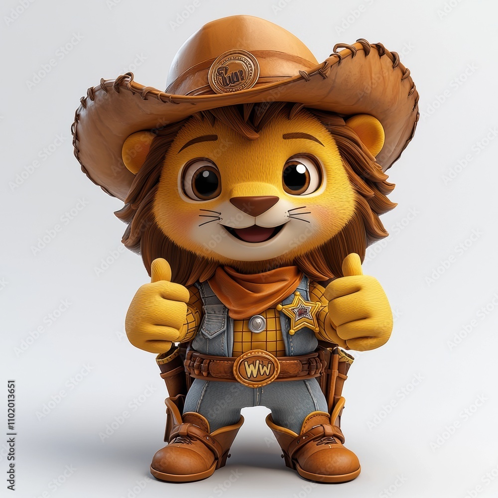 Cowboy Lion Mascot: This 3D rendered cartoon lion wears a cowboy hat ...