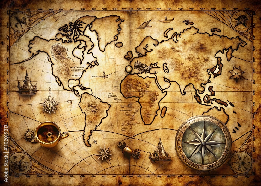 Vintage Treasure Map Illustration - Hand Drawn Old World Style with ...